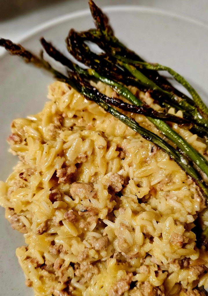 Pork Pilaf with Roasted Asparagus - Homemade on a Weeknight